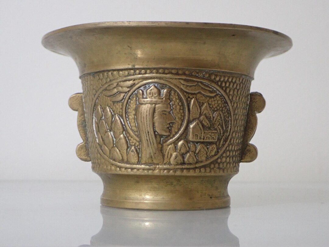 Vintage Engraved Brass Mortar Vase – Antique Decor Featuring Royal ...