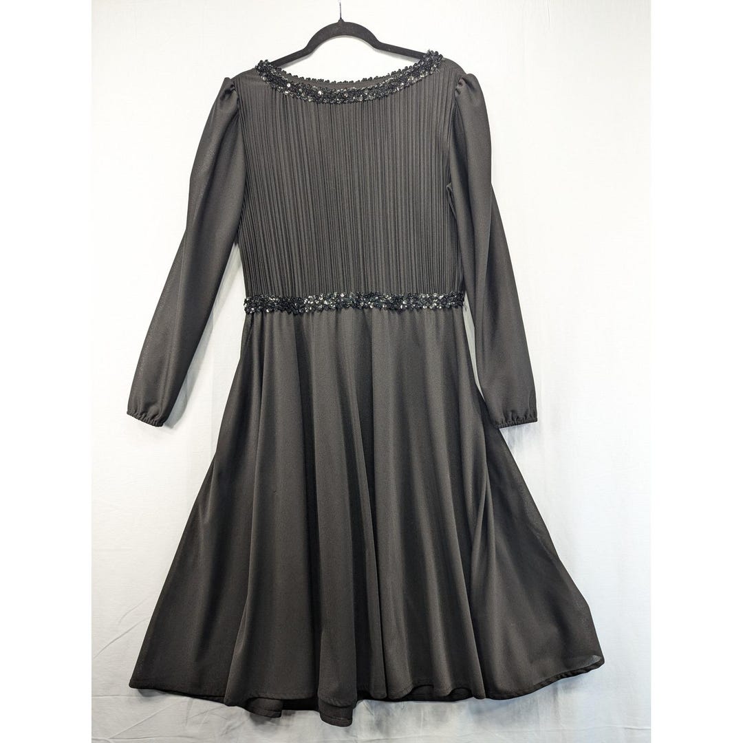 Boston Maid Black Beaded Pleated Long Sleeve Midi Dress Size 16 - Etsy