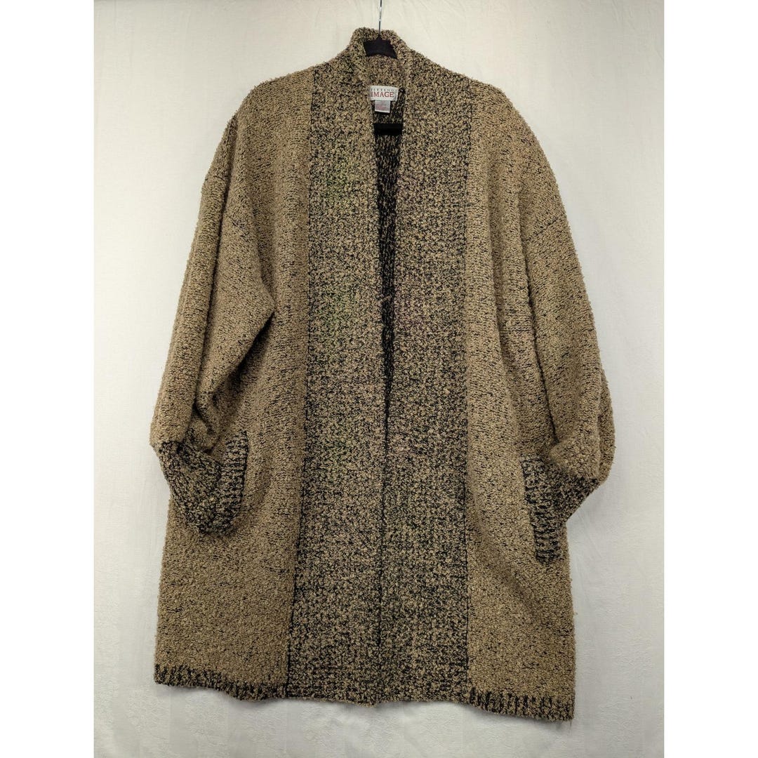 Vintage Fitting Image Textured Knit Duster Cardigan Tan Black 1X Plus ...