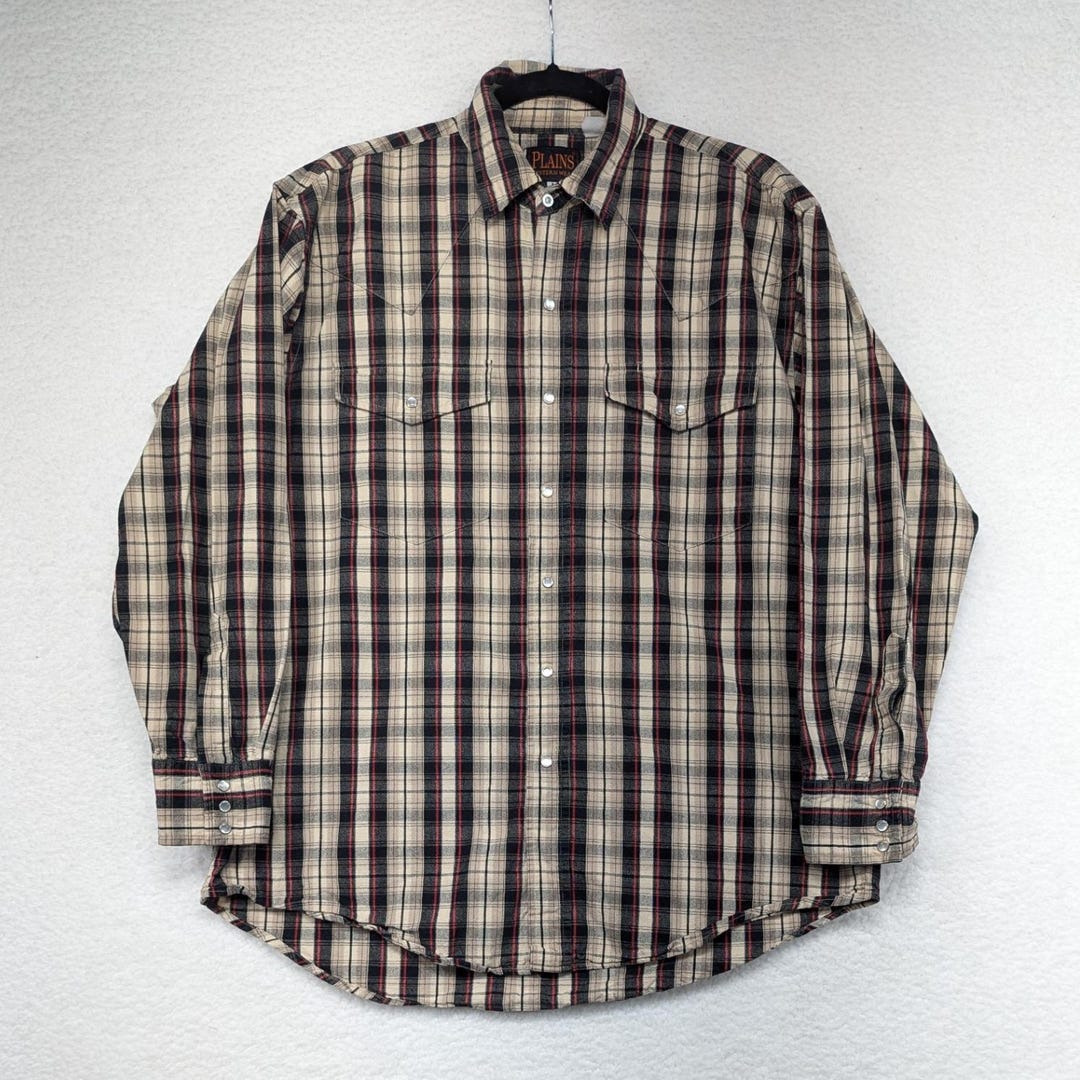 Plains Western Wear Plaid Shirt Mens L Beige Black Red Long Sleeve ...