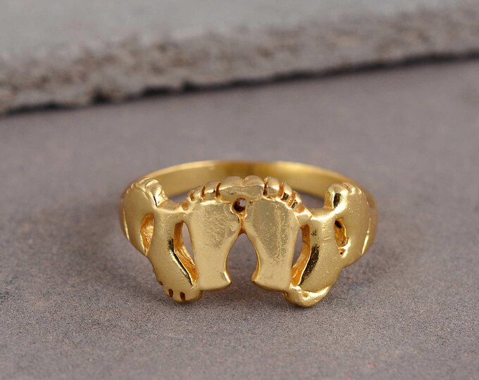 14K Gold Baby Feet Ring, Personalized Baby Feet Name Band, Birthstone ...