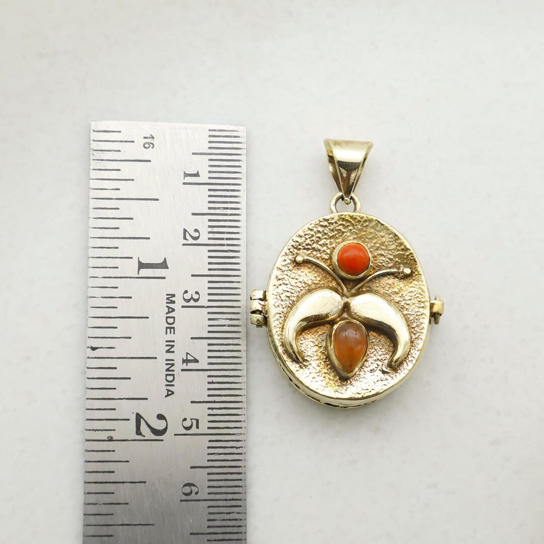 Brass Poison Box Pendant | Carnelian Stones, Secret Compartment ...