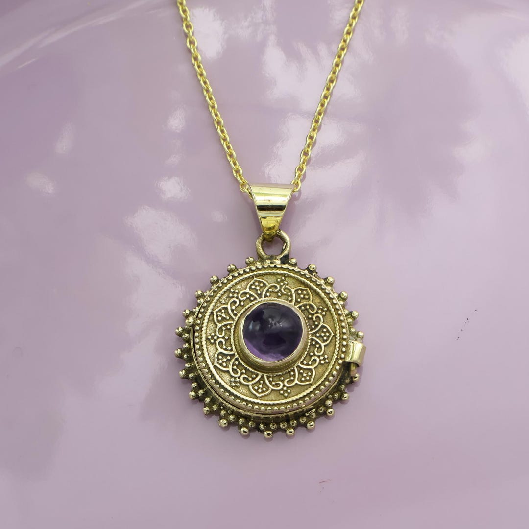 Amethyst Poison Locket Pendant | Round Brass Hidden Compartment ...