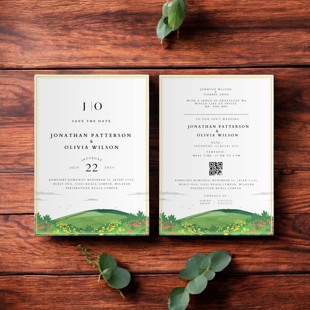 Pastel Landscape Wedding Invitation Card, Elegant Green Floral ...