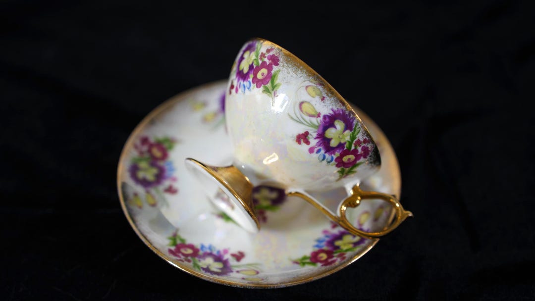 Vintage RITE Japan Footed Teacup & Saucer – Lusterware Floral Gold Trim ...