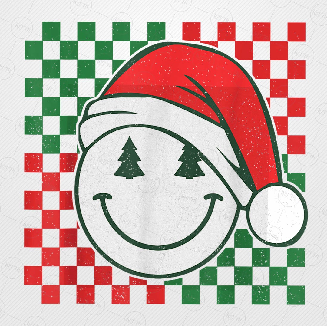 Retro Christmas Smiley Face PNG | Checkerboard Xmas Tree Eyes ...