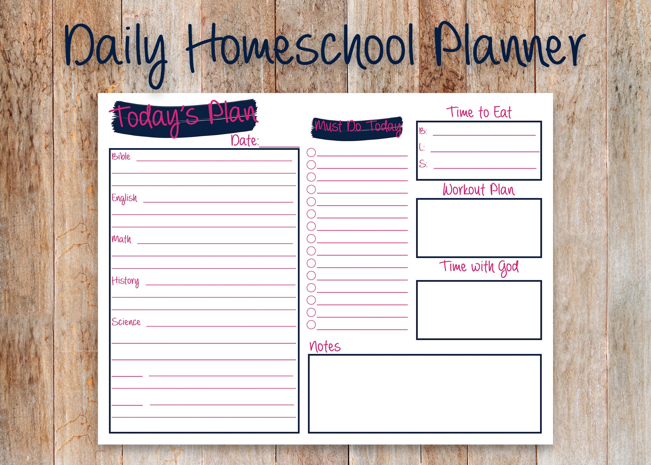 Navy and Pink Homeschool Daily Printable Landscape Planner - Etsy
