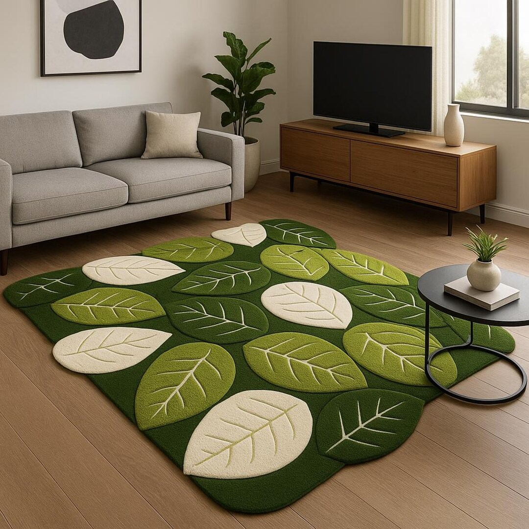 Leaf Shaped Area Rug: Modern Botanical Green Carpet - Etsy