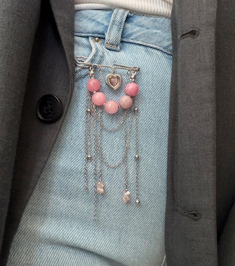 Statement Safety Pin Brooch, Pink Jade Beads, Dangle Chains, Romantic ...