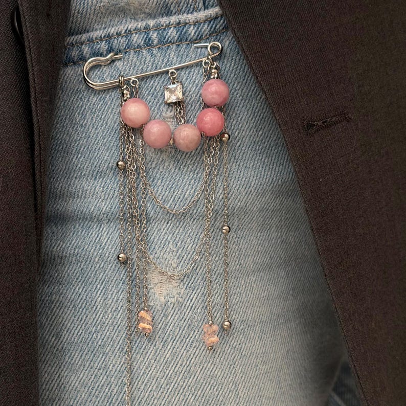 Statement Safety Pin Brooch, Pink Jade Beads, Dangle Chains, Romantic ...
