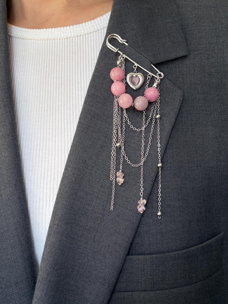 Statement Safety Pin Brooch, Pink Jade Beads, Dangle Chains, Romantic ...