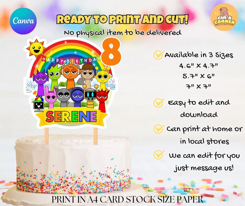 Sprunki Custom Birthday Cake and Cupcake Topper Bundle, Editable and ...
