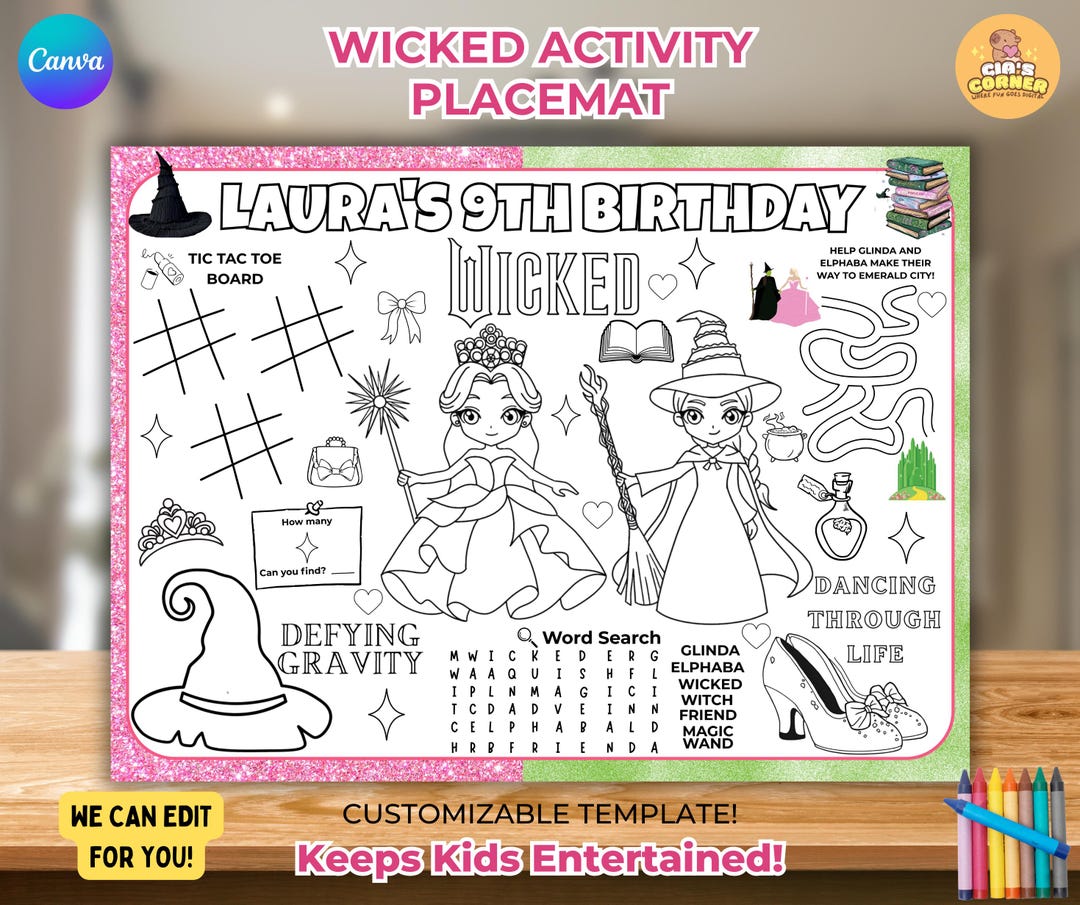 Wicked Coloring Pages, Editable and Printable Wicked Activity Placemat ...