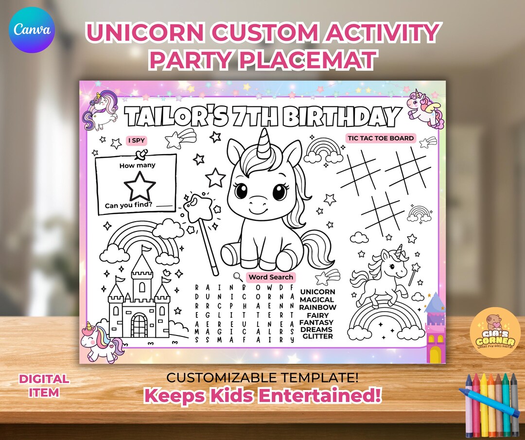 Unicorn Birthday Party Activity Placemat: Coloring Pages (digital ...