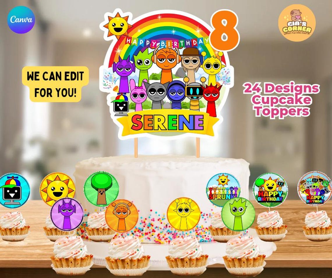 Sprunki Custom Birthday Cake and Cupcake Topper Bundle, Editable and ...