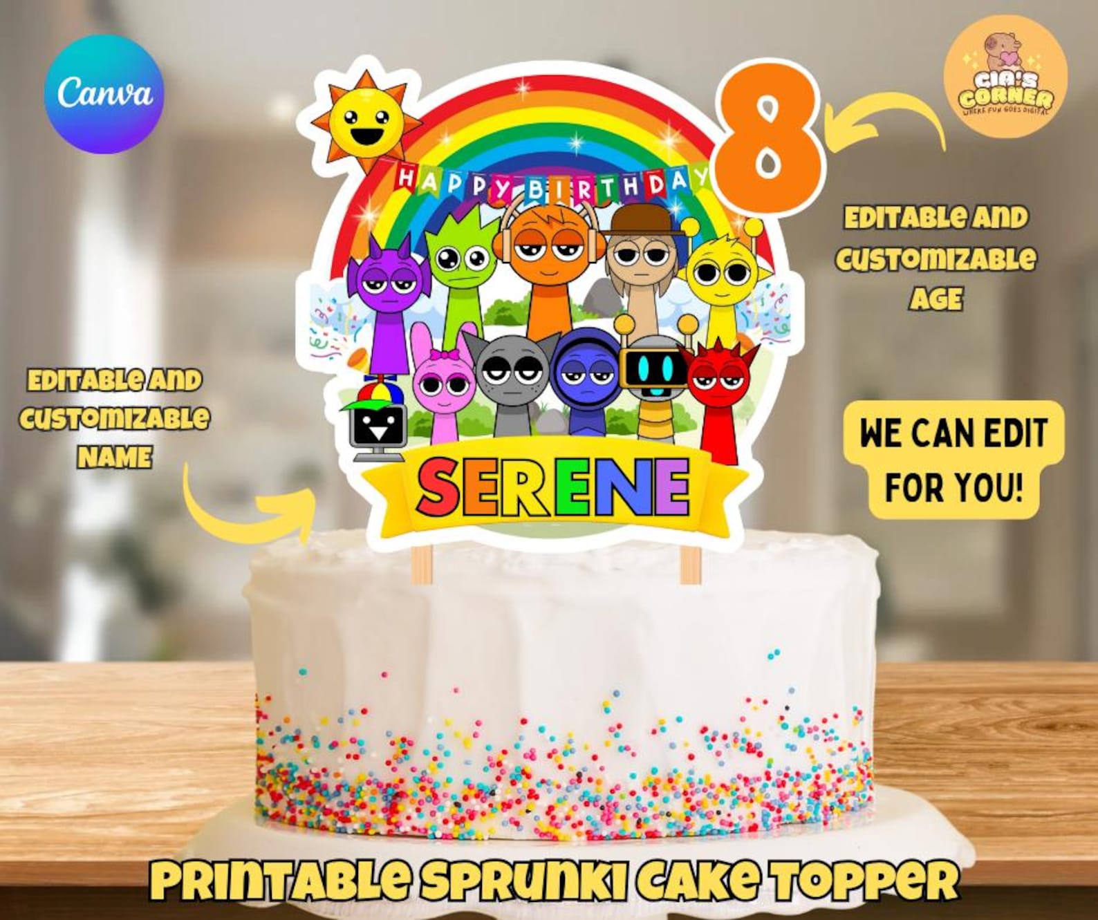 Sprunki Custom Birthday Cake and Cupcake Topper Bundle, Editable and ...