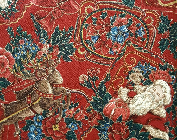 Vintage Fabric - Santa Claus and Christmas Flowers REMNANT - Etsy