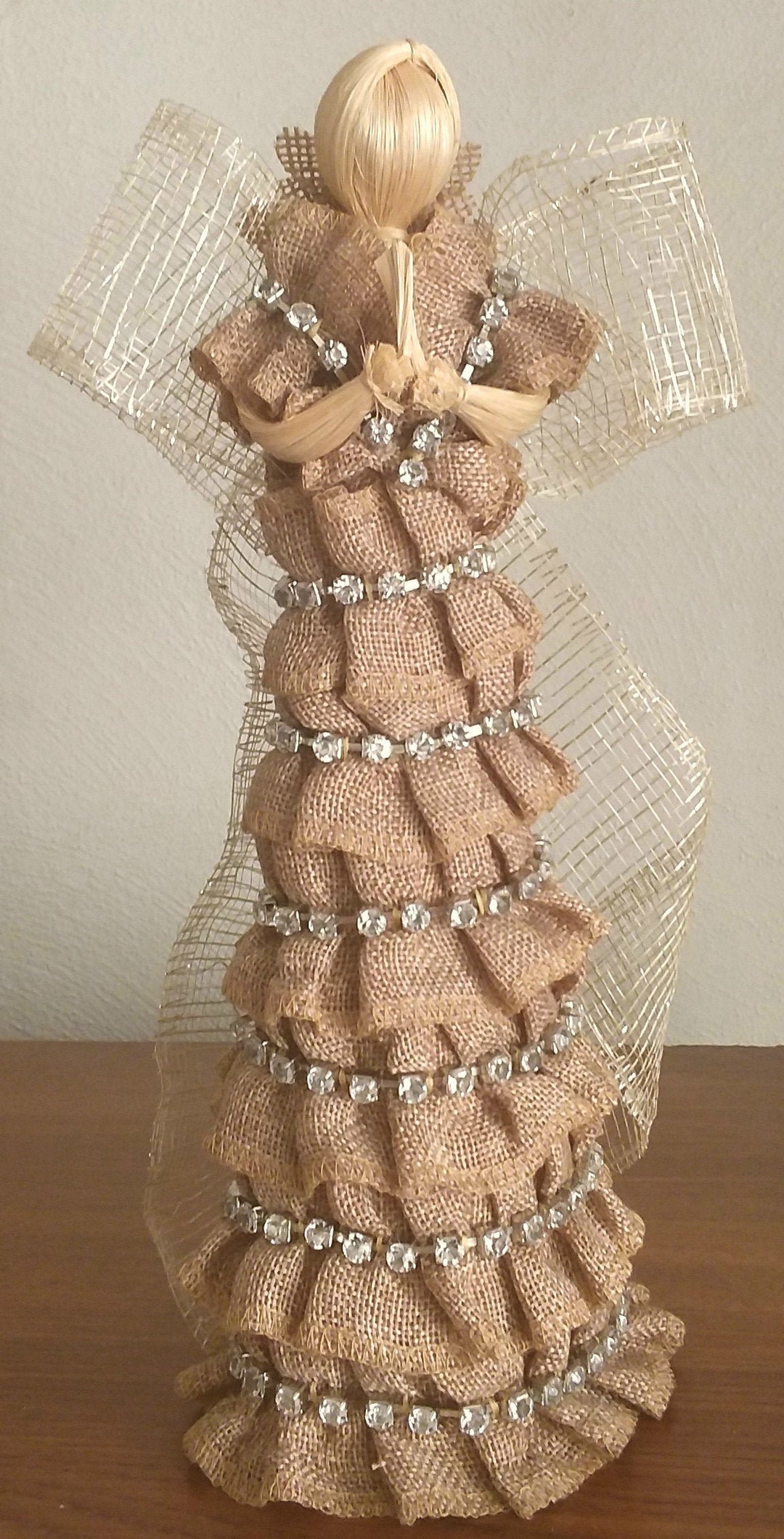 Angel Tree Topper ~ 12” TALL ~ Shabby Chic Burlap and Rhinestone Angel ...