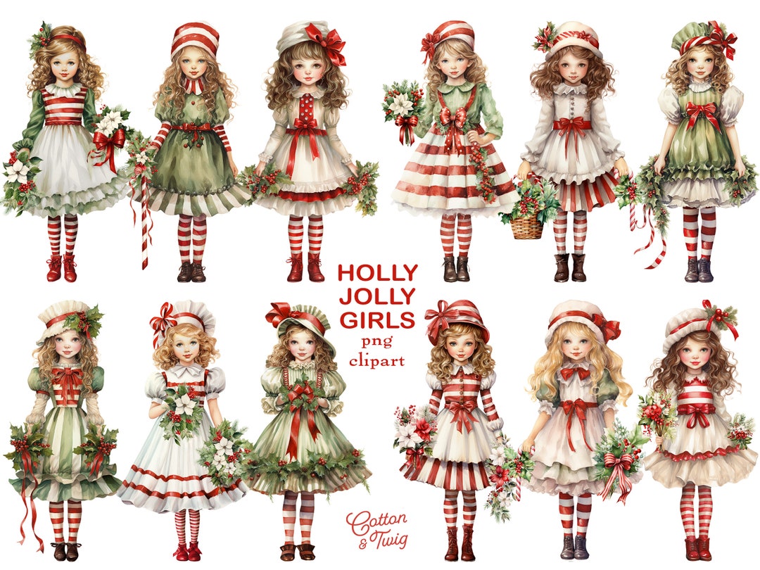 Holly Jolly Girls Clipart, Digital Download, Christmas PNG Files, Junk ...