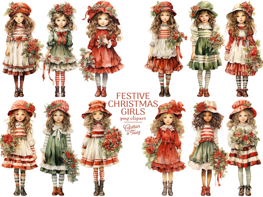 Festive Christmas Girls Clipart, Digital Download, PNG Files, Holiday ...