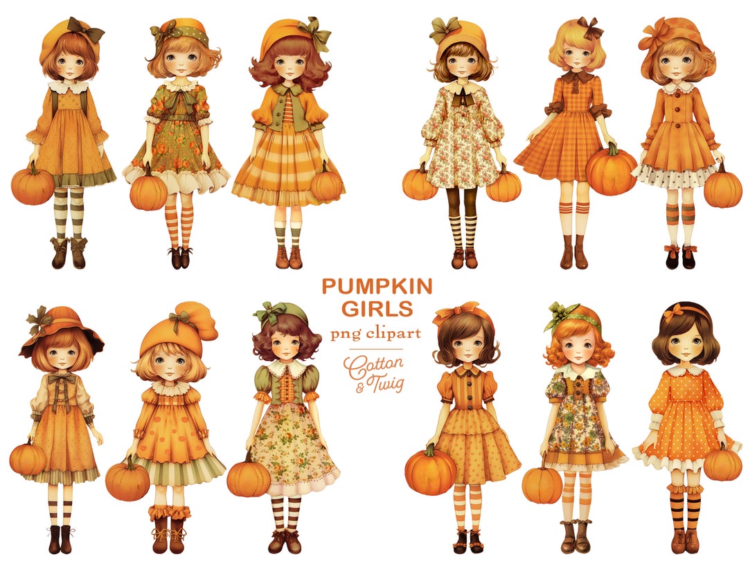 Pumpkin Girls Clipart, Digital Download, PNG Files, Autumn Junk Journal ...