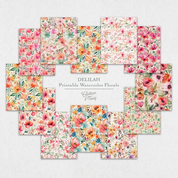 Junk Journal Watercolor Floral Paper, Flower Patterns, Scrapbook ...