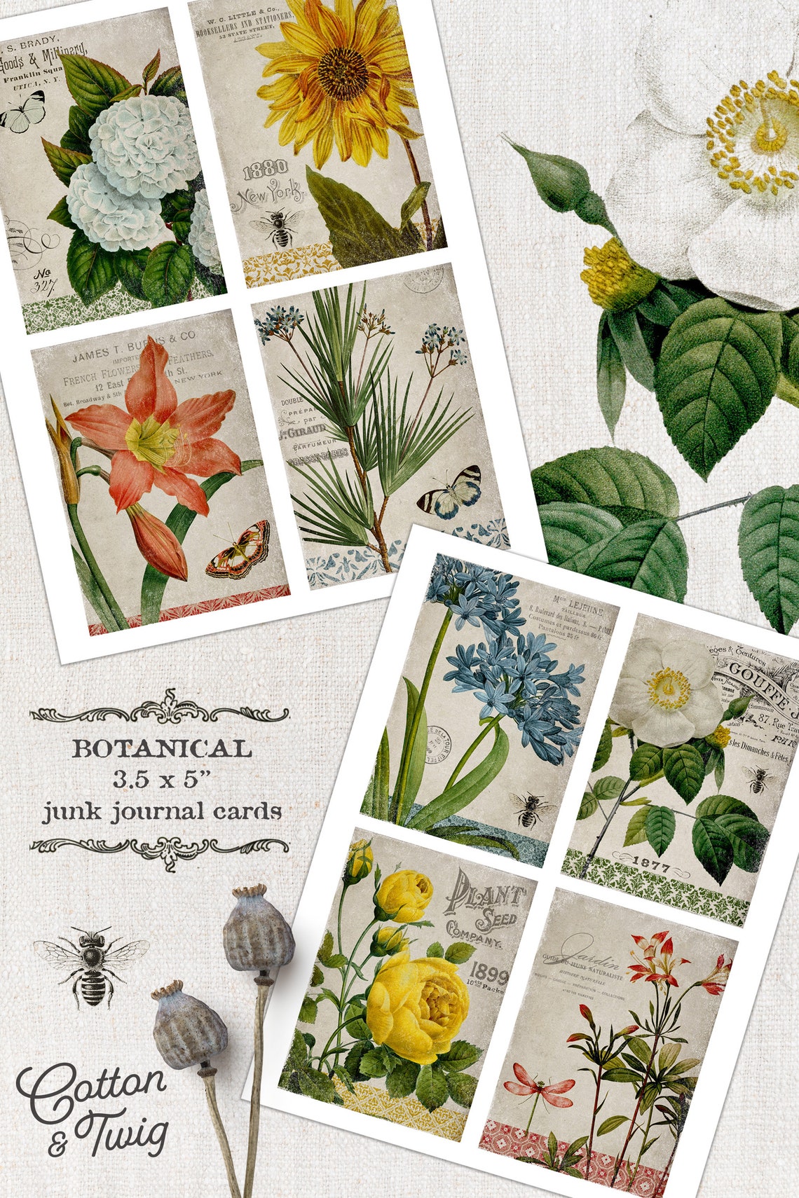 Botanical Cards Junk Journal Printable Vintage Flower Cards - Etsy