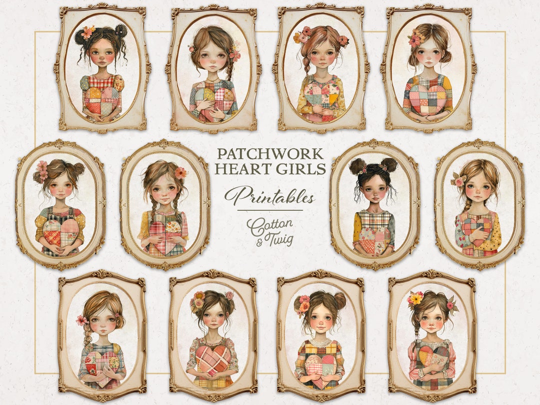 Patchwork Girls and Hearts, Printable Ephemera, Digital Download, Junk ...