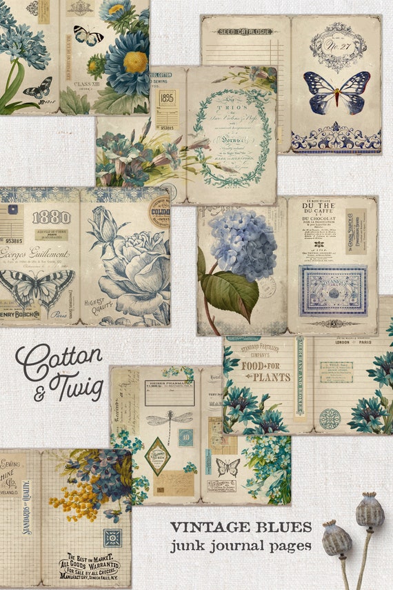 Junk Journal Printable, Vintage Blue Flowers, Digital Download ...