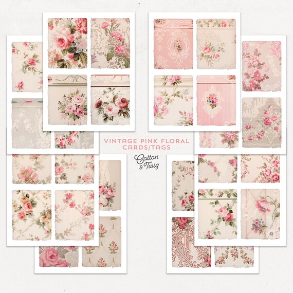 Vintage Shabby Pink Floral Cards, Junk Journal Tags, Printable Papers ...