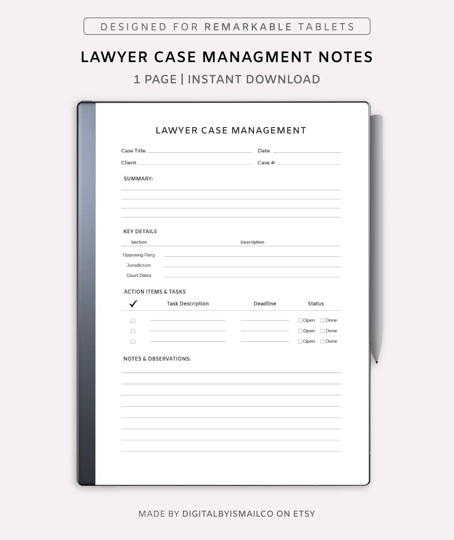 Lawyer Case Management Template for Remarkable 2 (digital Download - Etsy