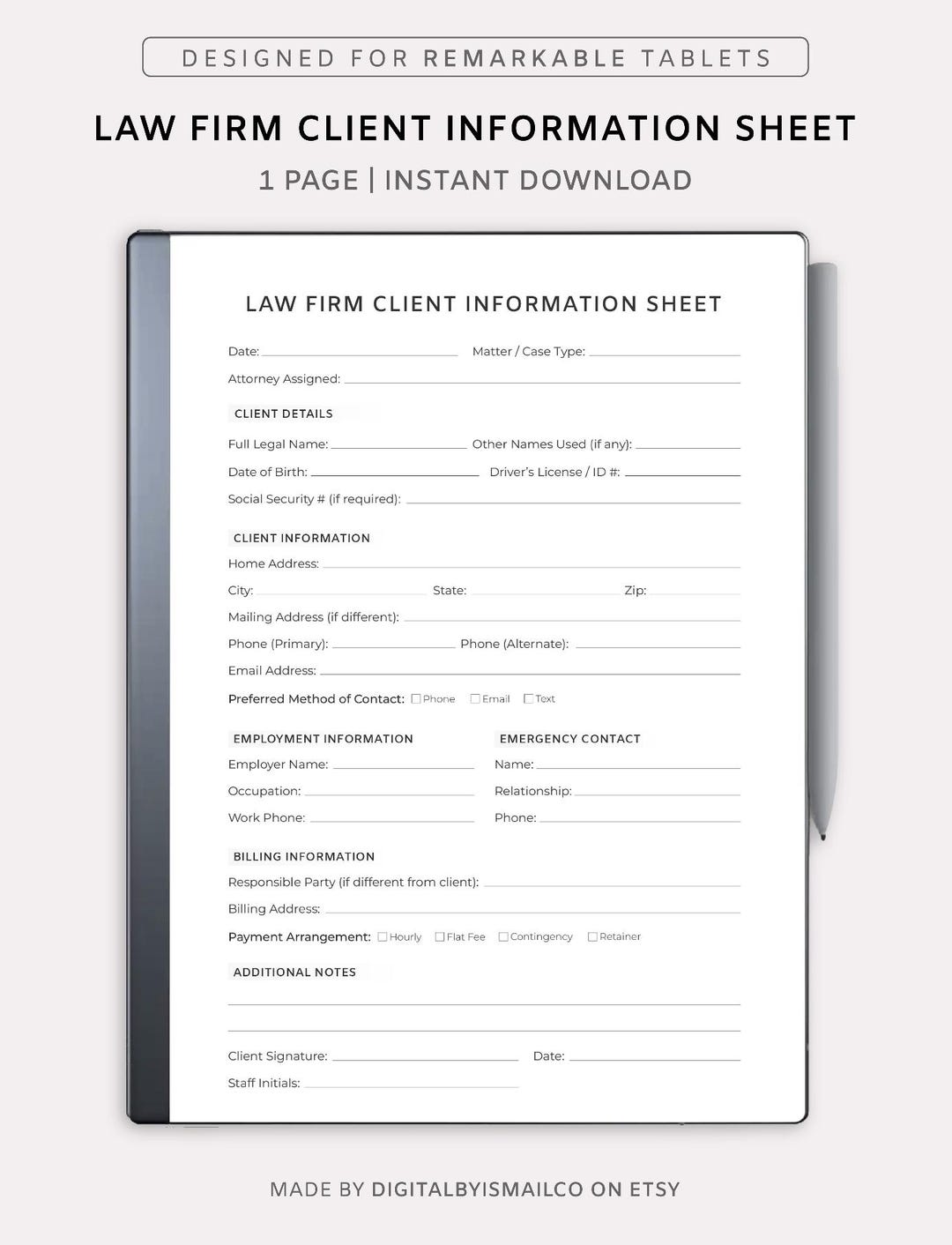 Law Firm Client Information Sheet – One Page Attorney Intake Form for ...