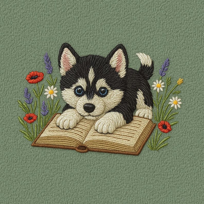 Husky Puppy Embroidery Design, Cute Dog Reading Book Machine Embroidery ...
