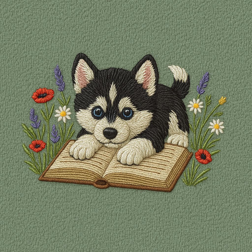 Husky Puppy Embroidery Design, Cute Dog Reading Book Machine Embroidery ...