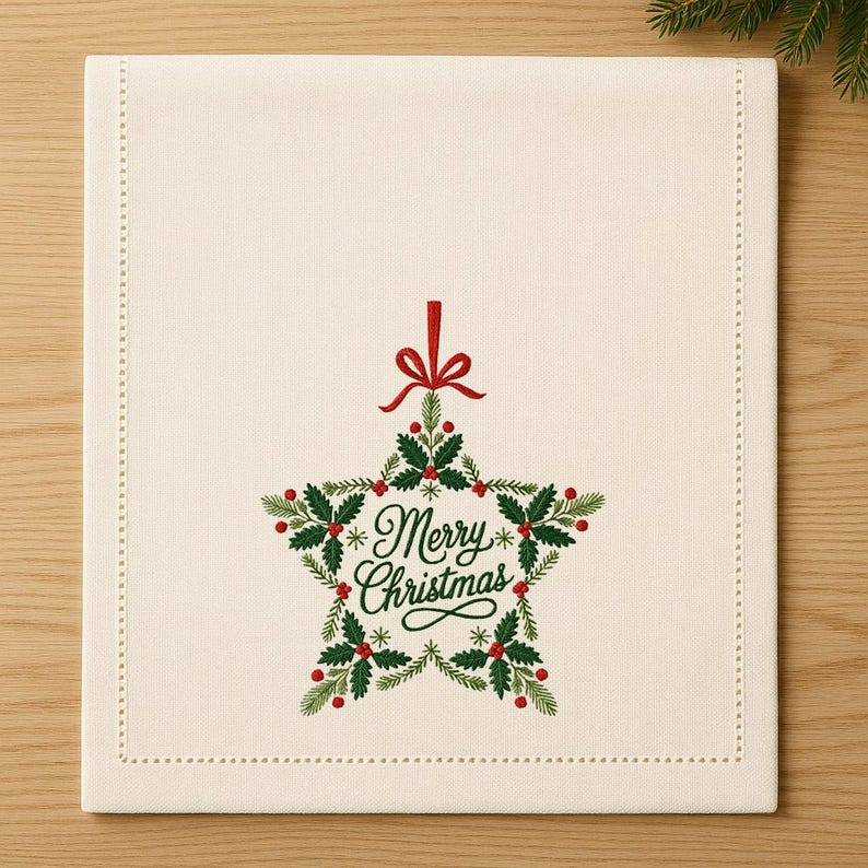 Merry Christmas Star Embroidery Design, Christmas Wreath Embroidery ...