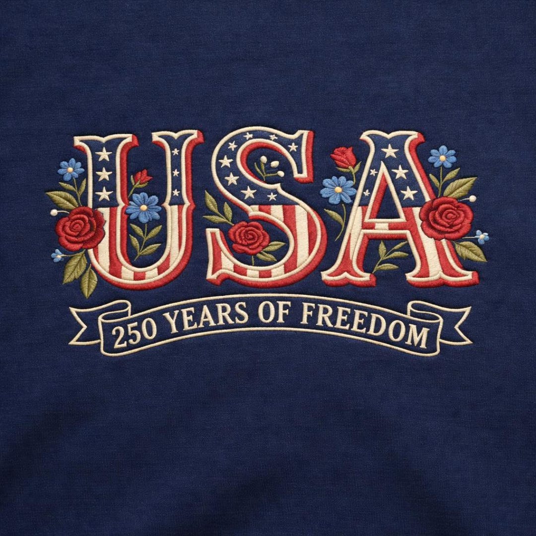 USA Floral Embroidery Design, 250 Years of Freedom Patriotic Digital ...