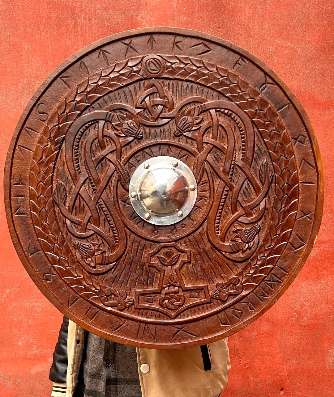Wooden Viking Carved Wooden Shield – 22” | Brown Finised Decoartive ...