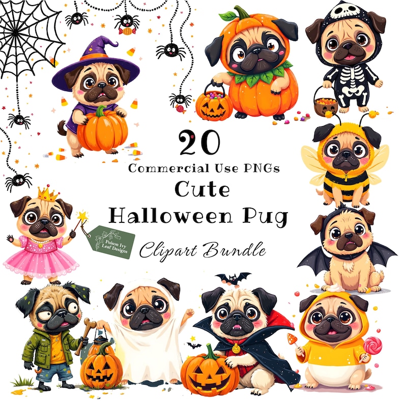 Halloween Pug Clipart Bundle, Cute Dog Pngs, Commercial Use, Costume ...
