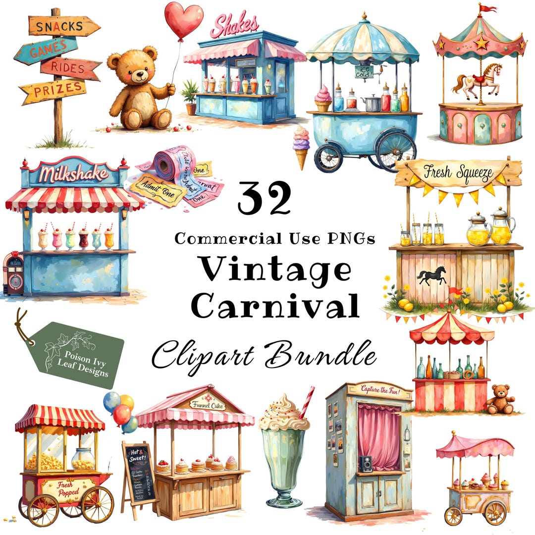 Vintage Carnival Clipart | 32 Retro Fair Stand Pngs, Circus Snacks ...