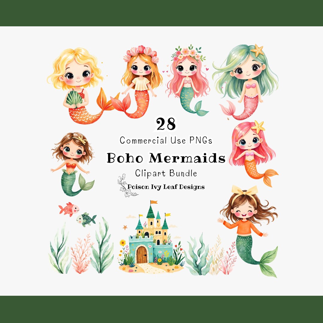 Boho Mermaid Clipart, Cute Mermaids PNG, Watercolor Mermaids Art, Sea ...