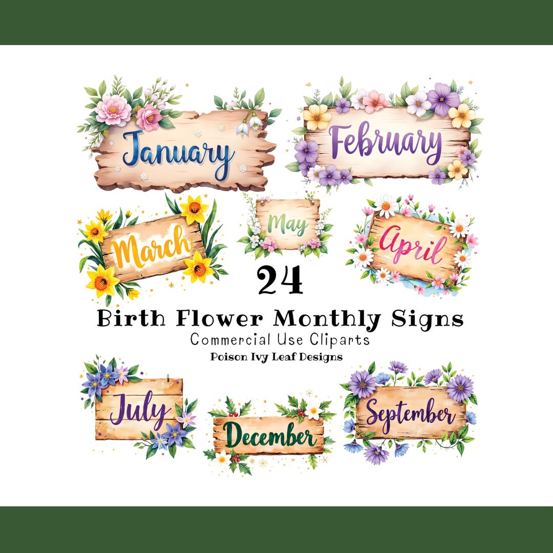 Months of the Year Signs Birth Flower, Digital Download, Commercial Use ...