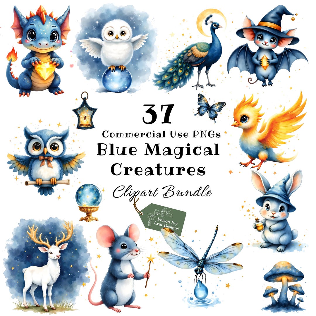 Blue Magical Creatures Clipart Bundle: Fantasy Animals PNG (commercial ...
