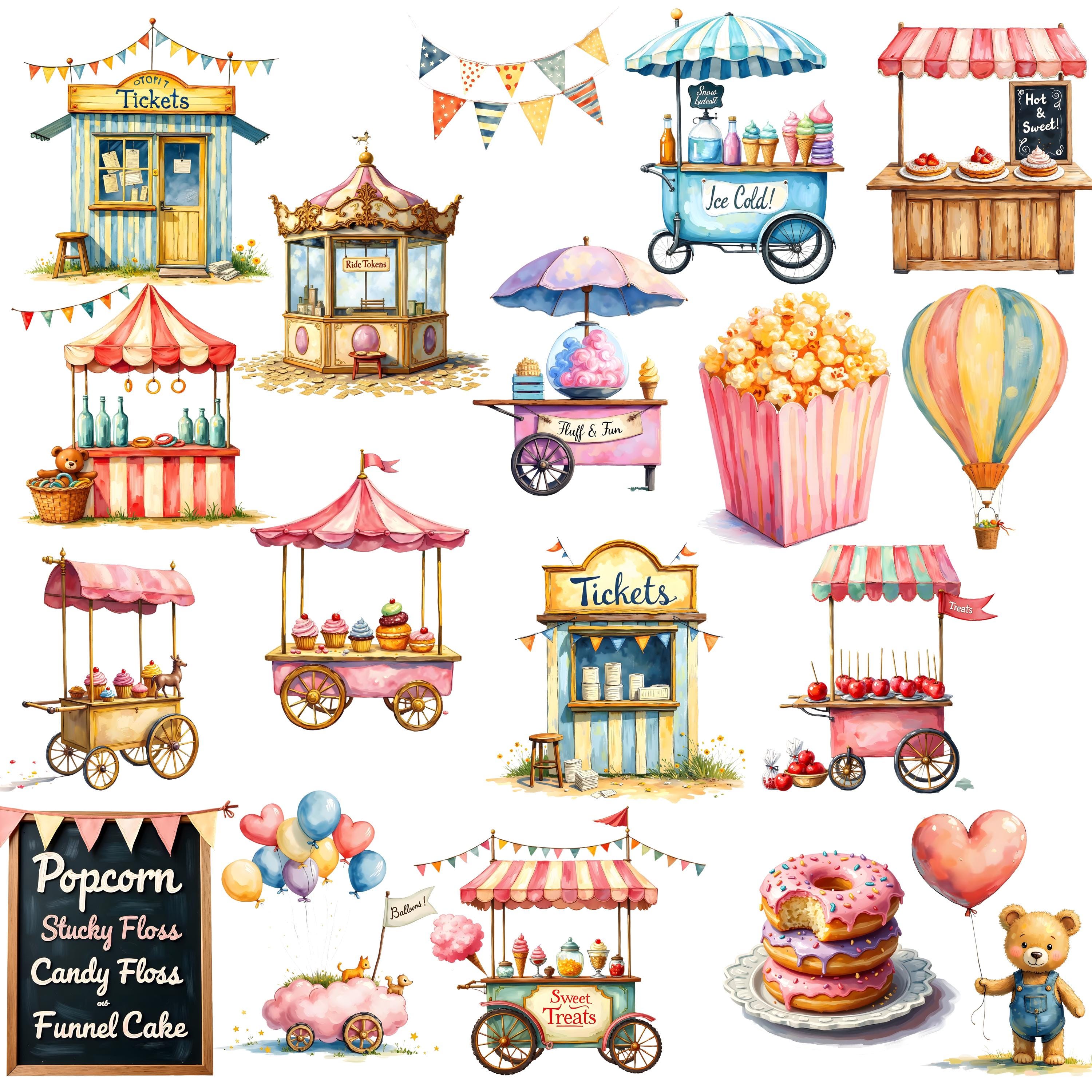Vintage Carnival Clipart | 32 Retro Fair Stand Pngs, Circus Snacks ...