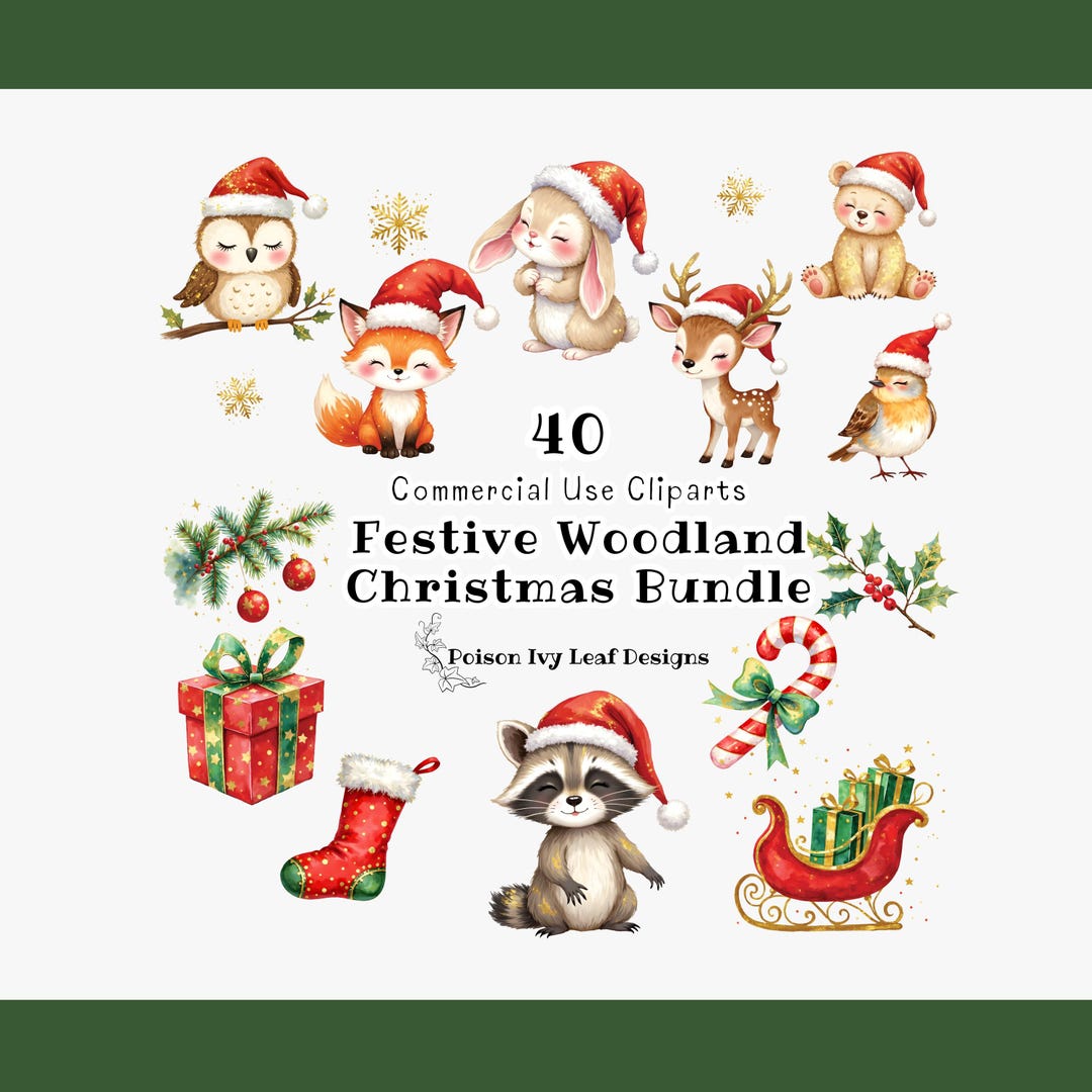 Festive Woodland Christmas Clipart, Animal Digital Clip Art Bundle ...