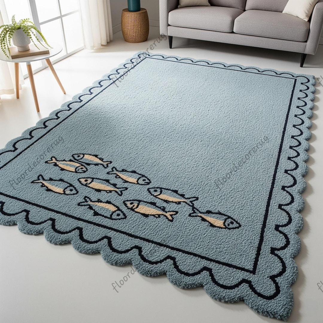 Blue Fish Scalloped Wool Rug, Hand Tufted Coastal Area Rugs - Etsy