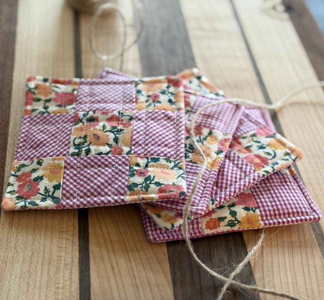Patchwork Quilted Coasters – Set of 4 | Hand-sewn Floral Fabric ...