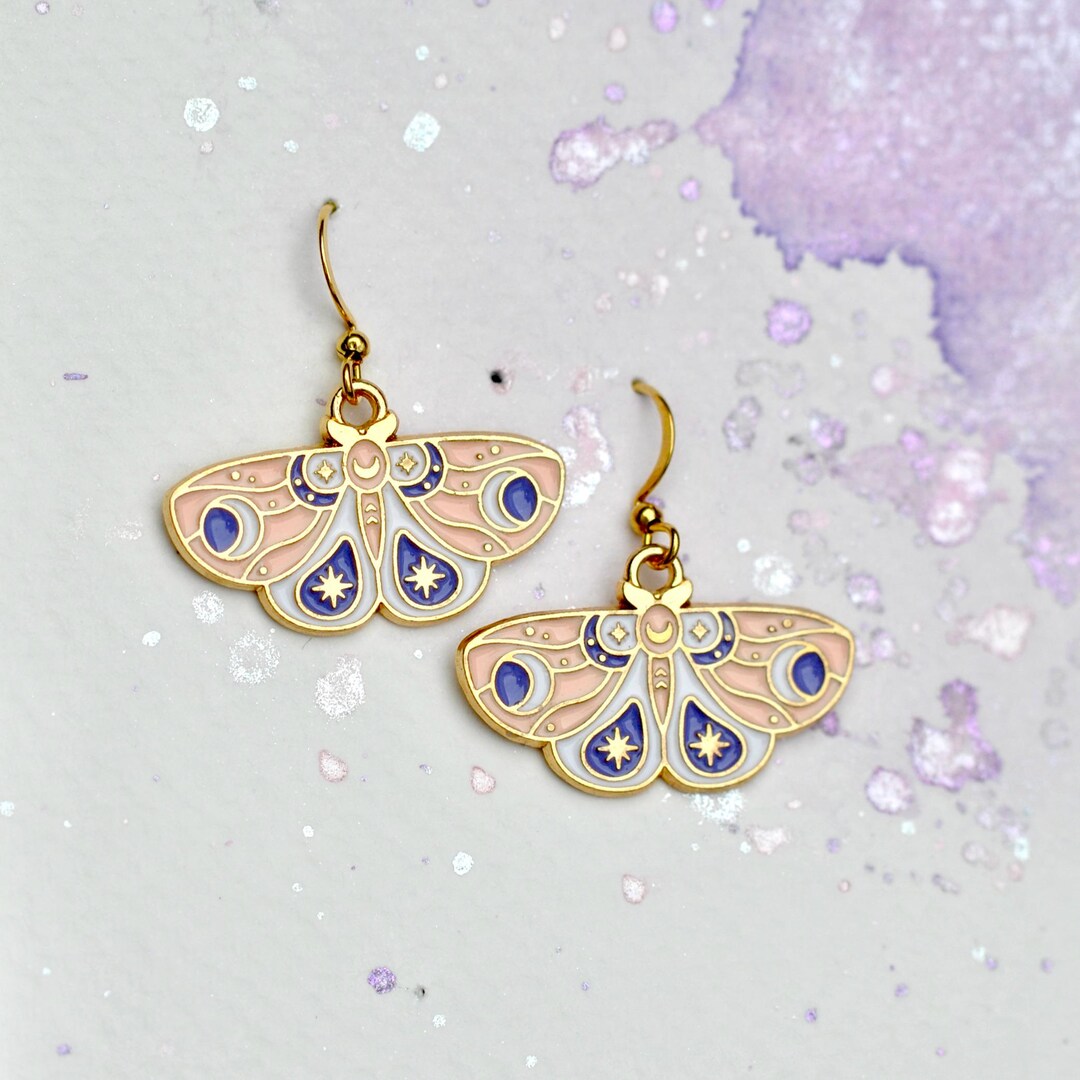 Pink Gold Moth Earrings, Summer Festival Earrings, Moon Phase Earrings ...