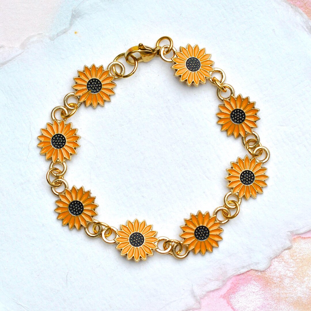 Yellow Sunflower Bracelet, Enamel Flower Bracelet, Gardener Gift, Daisy ...