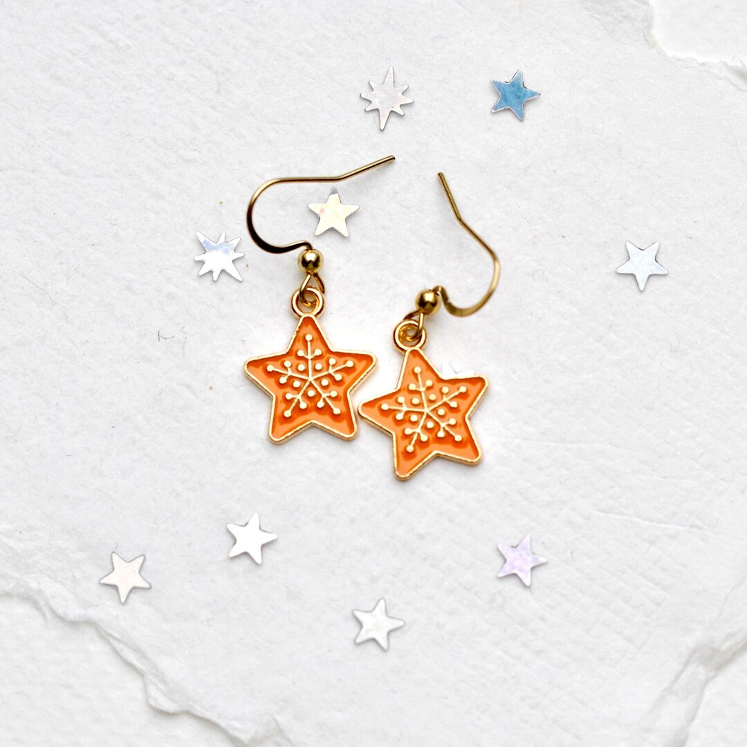 Golden Star Dangle Earrings, Christmas Earrings, Yellow Stars, Stocking ...