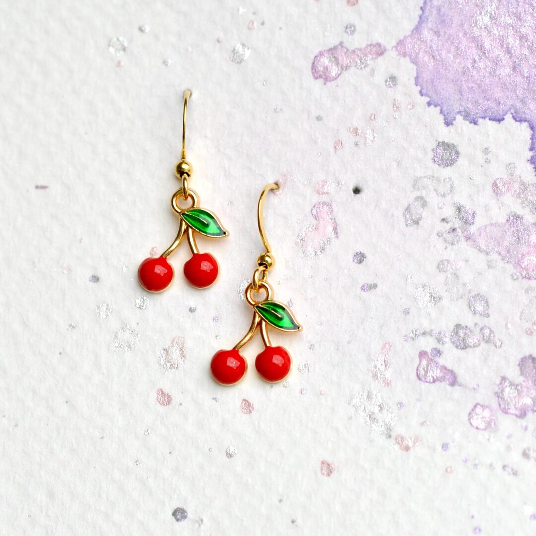 Petite Cherry Earrings, Glass Fruit Earrings, Cherry Charm Dangles ...